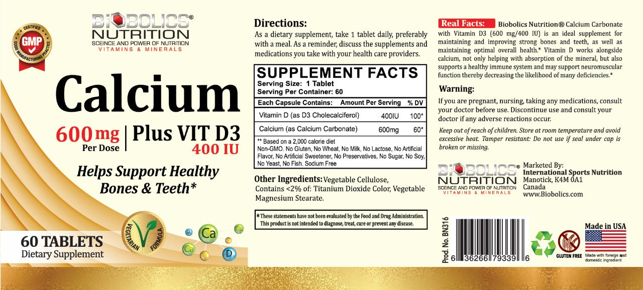 Biobolics Nutrition Calcium 600mg | Plus Vit D3 400 IU | Support Healt ...