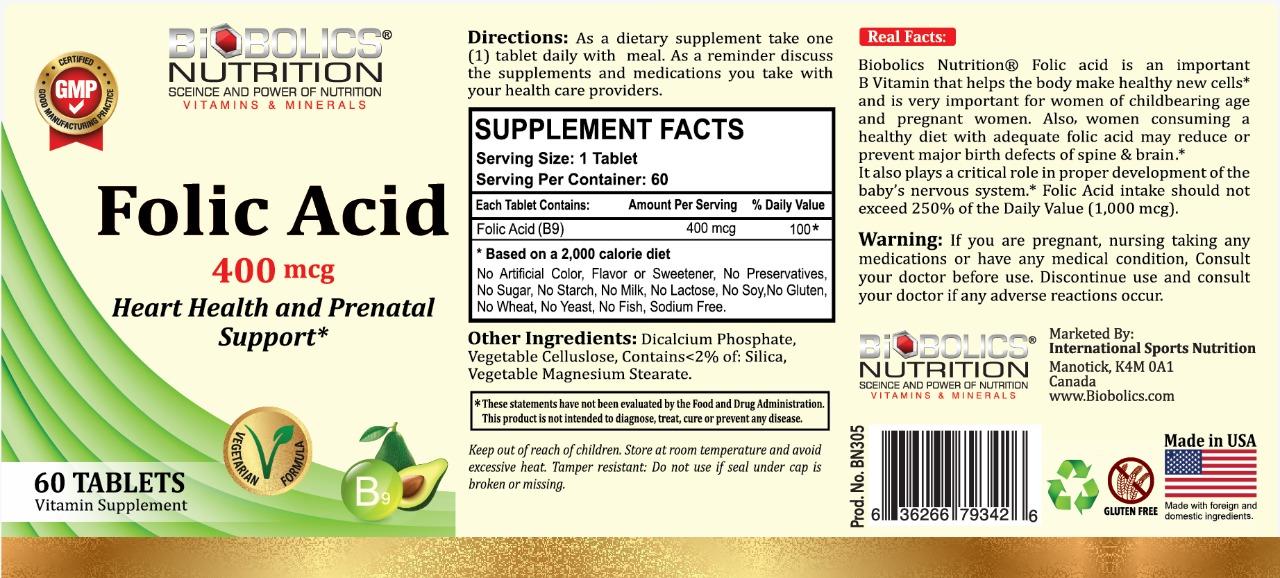 Biobolics Nutrition Folic Acid 400mcg | Heart Health and Prenatal Supp ...